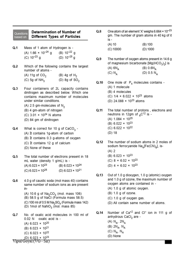 Mole Concept Class Test Pdf Mole Unit Oxide
