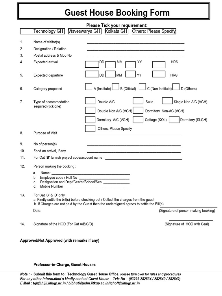 Guest House Booking Form: Technology GH Visveswarya GH Kolkata GH ...