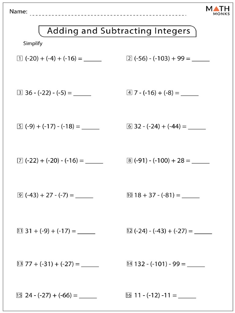 Adding and Subtracting Integers Worksheet 7th Grade | PDF