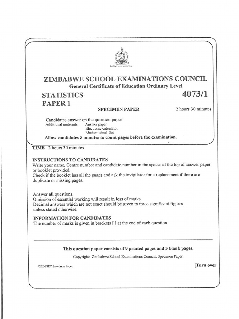 Statistics Specimen p1 | PDF