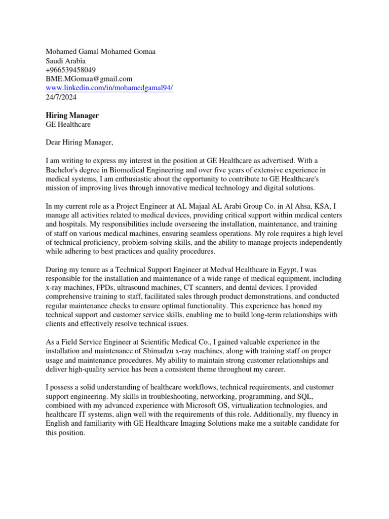 Cover Letter | PDF | Health Care | Biomedical Engineering