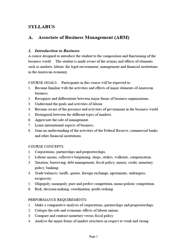 Syllabus A. Associate of Business Management (ABM) | PDF ...