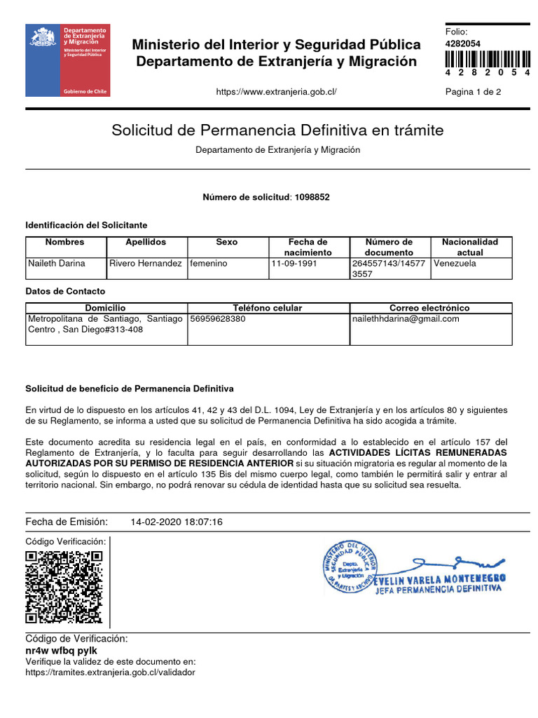 Extranjeria Comprobante de Solicitud de Permanencia Definitiva en ...