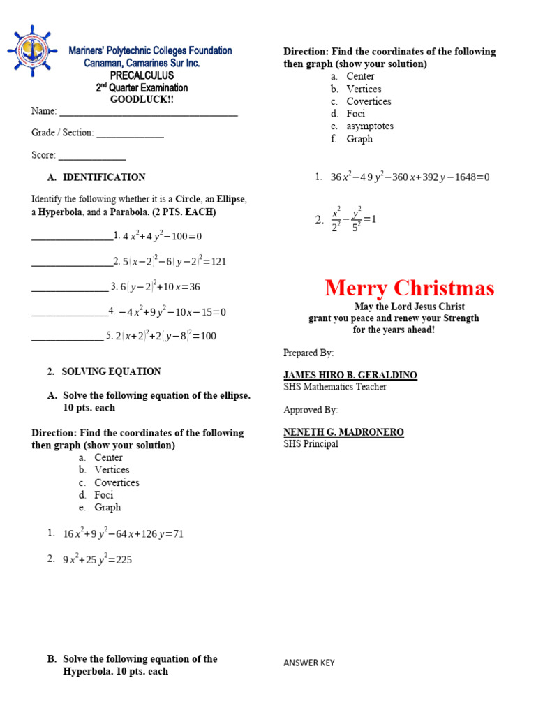 PRE CAL 2ND 2023-2024 | PDF | Analytic Geometry | Mathematical Concepts