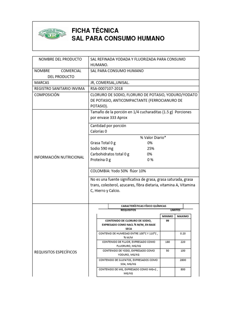 Ficha Tecnica Sal | PDF | Sal (química) | Etiqueta de información nutricional