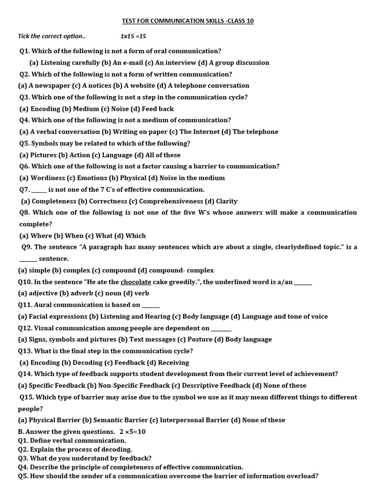 Class 10 Communication Skills Test | PDF | Communication | Human ...