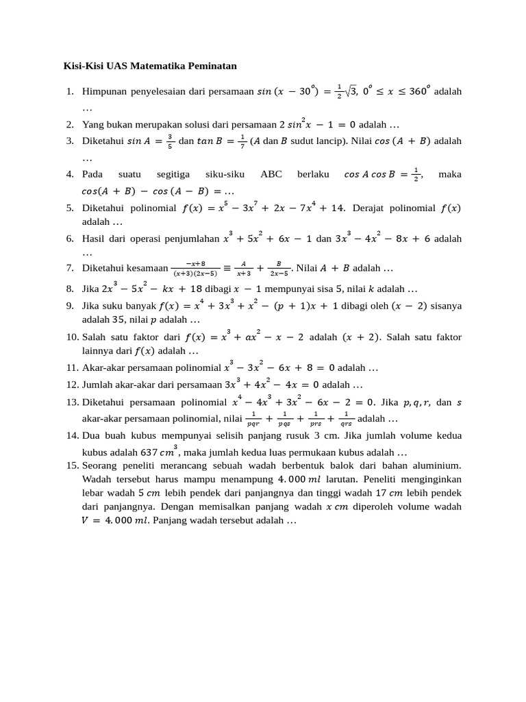 Kisi-Kisi UAS Matematika Peminatan | PDF