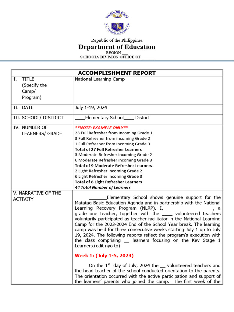 NLRP Weekly Accomplishment Report | PDF | Learning | Teachers