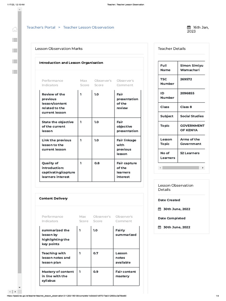 Teacher Lesson Observation Report | PDF | Learning | Teachers