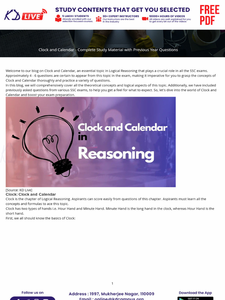 Logical Reasoning Clock and Calendar Complete Study Material With Previous Year Questions | PDF
