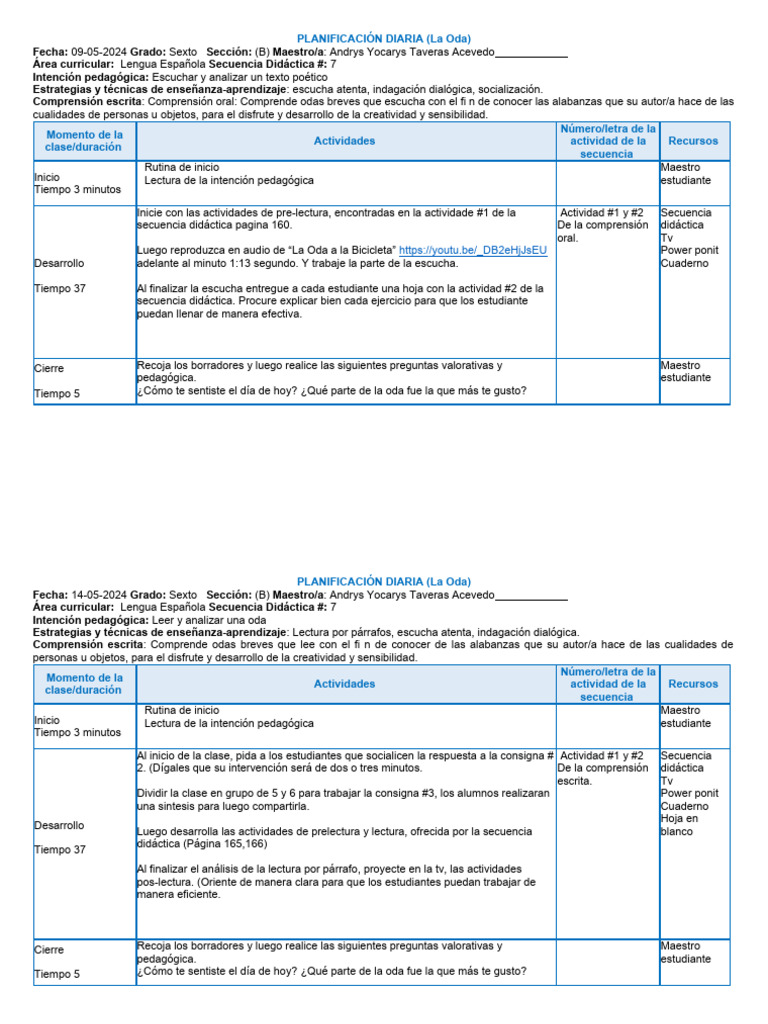 PLANIFICACIÓN DIARIA LENGUA ESPAÑOLA (La Oda) | PDF