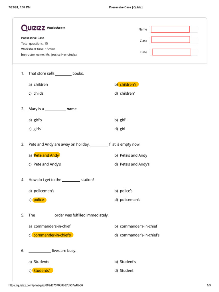 Possessives - Practice | PDF