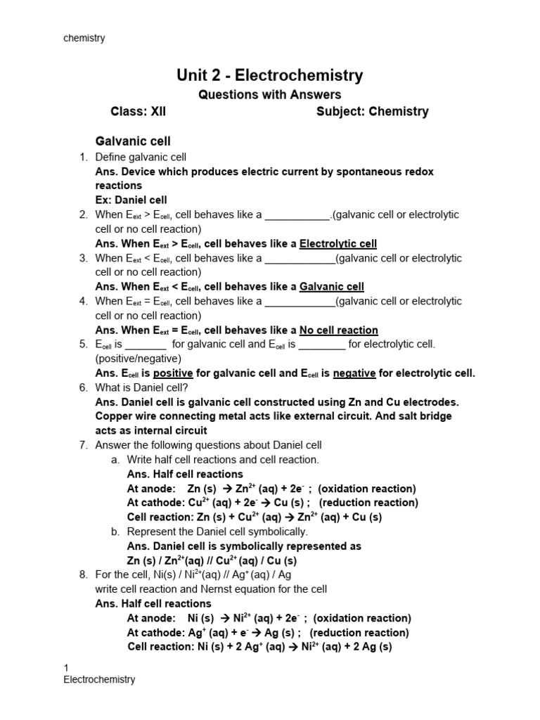 Electrochemistry Q&A for Class XII | PDF | Electrochemistry | Materials ...