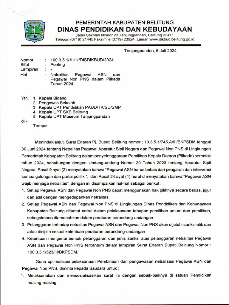 SRT Netralitas ASN & Non PNS Di Pilkada TH 2024 | PDF