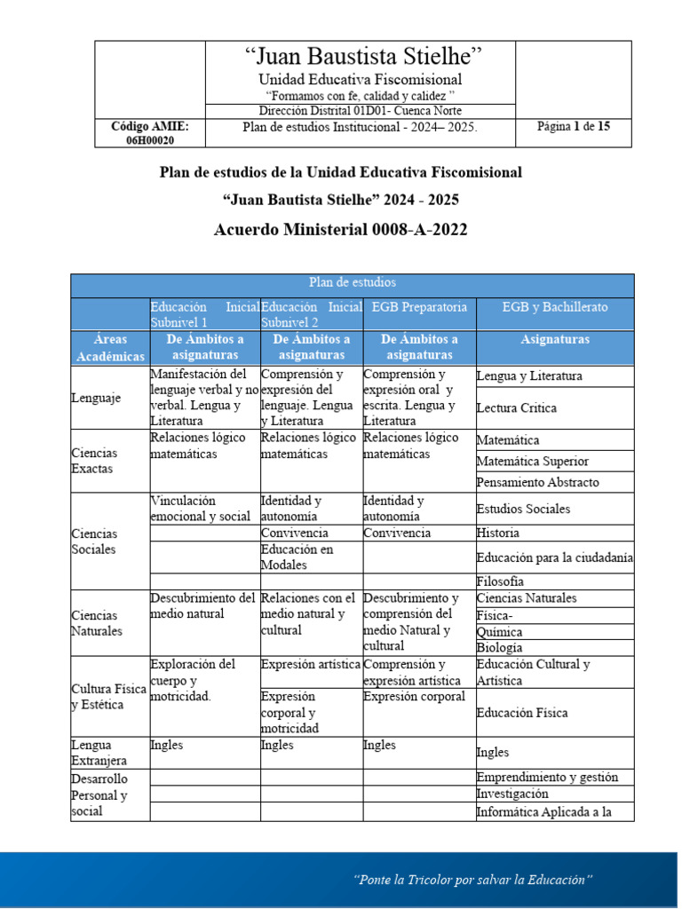 Plan de Estudios 2024-2025 UEF Stielhe | PDF | Plan de estudios