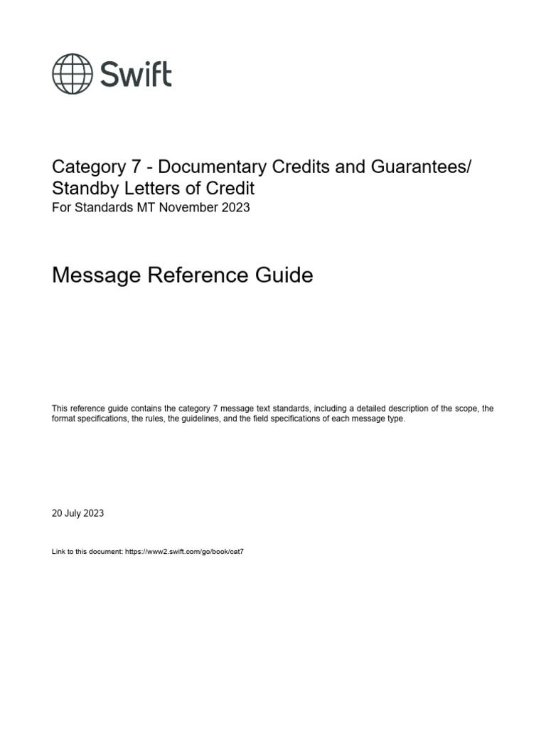 Message Ref Guide For Category 7 SWIFT - 20230720 | PDF | Letter Of ...