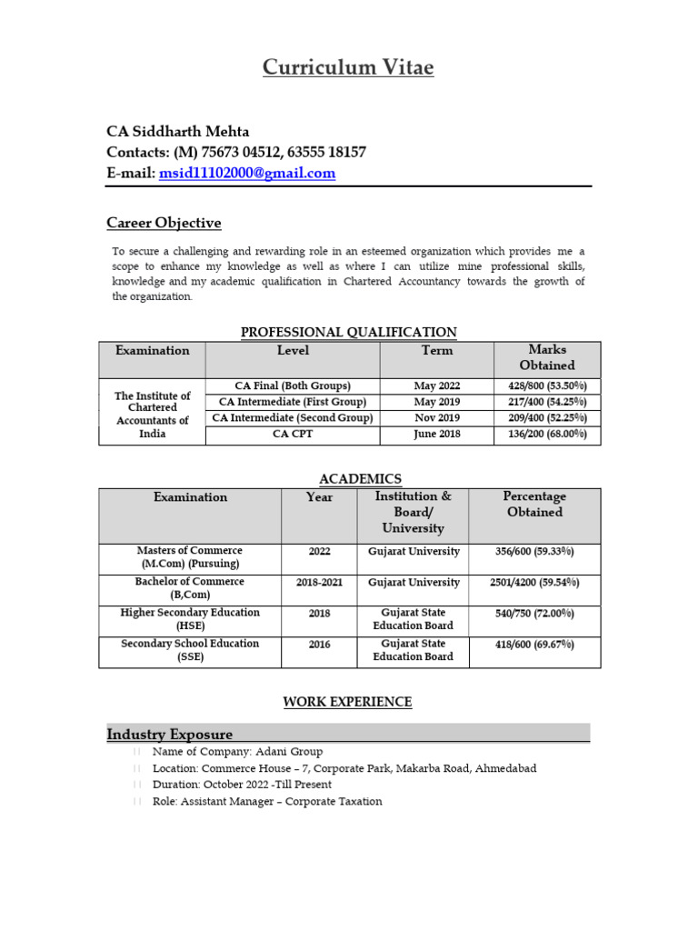 CV Siddharth Mehta-2 | PDF | Taxes | Audit CV Siddharth Mehta-2 | PDF | Taxes | Audit