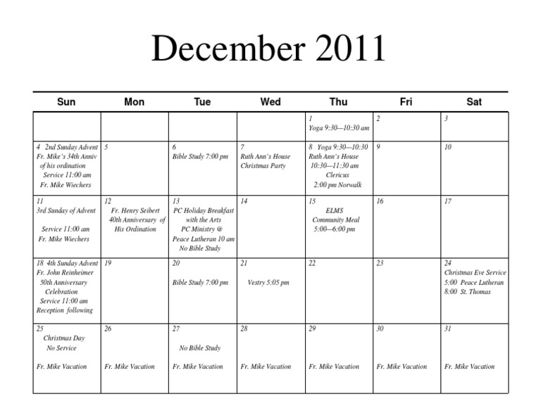 December 2011 Church Events Calendar | PDF | Social Science