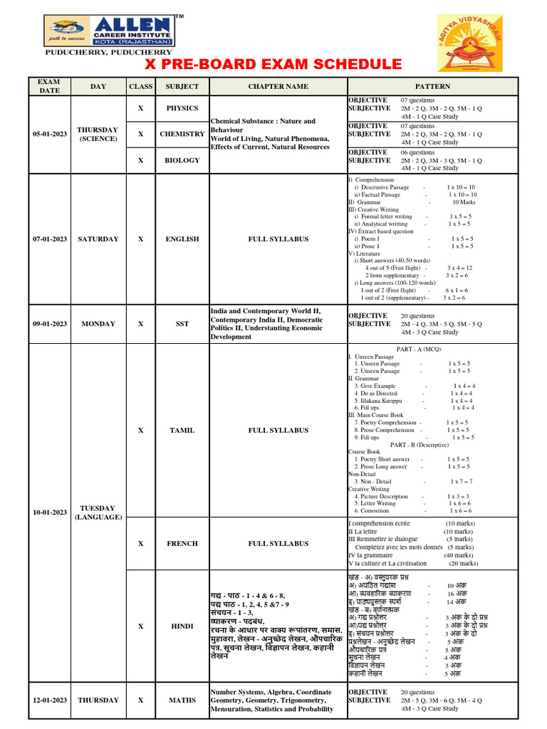 X - Cbse - Pre Boa - Exam - Schedule | PDF