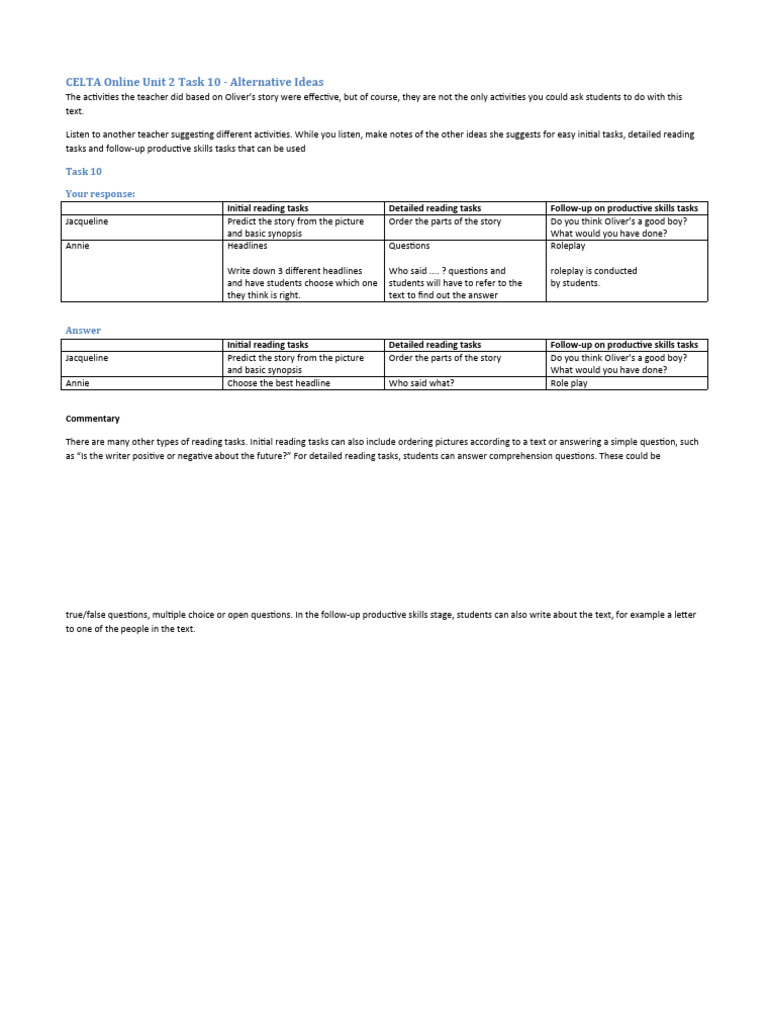 CELTA Online Unit 2 Task 10 - Alternative Ideas | PDF | Reading ...