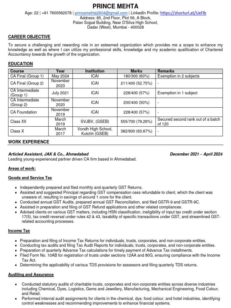 Prince Mehta-Resume Final | Download Free PDF | Audit | Taxes