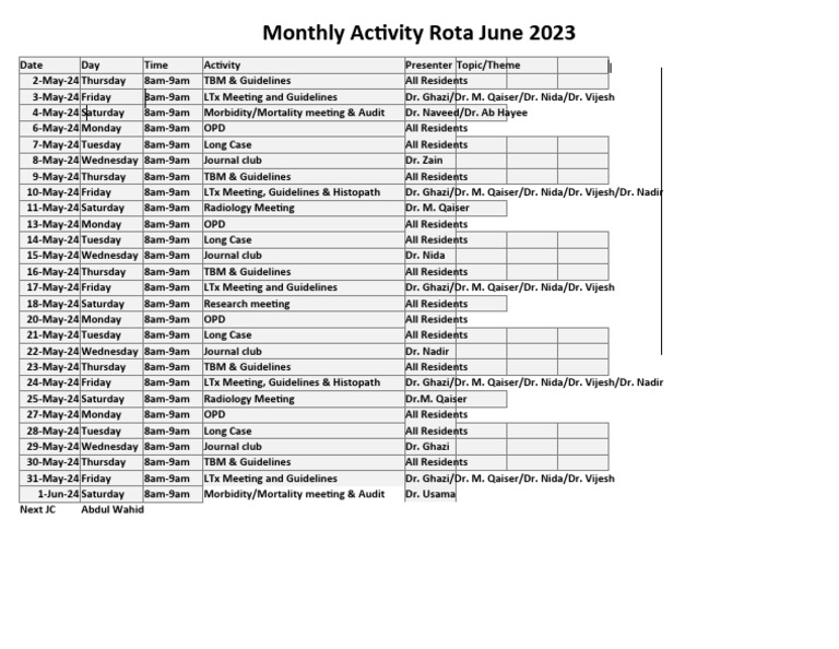 Monthly Activity Rota May 24 | PDF | Wellness | Science & Mathematics