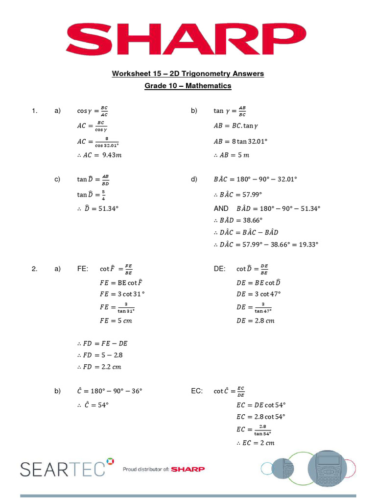 Grade 10 2D Trigonometry Worksheet | PDF | Teaching Methods & Materials
