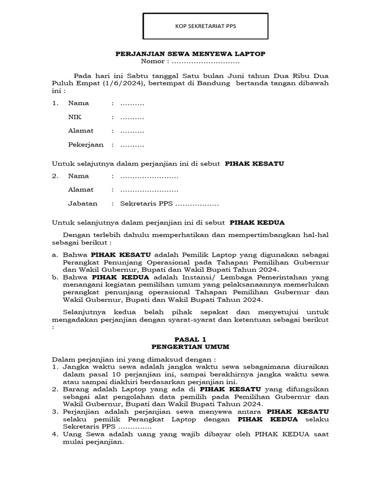 Draft - PERJANJIAN SEWA LAPTOP PPS | PDF