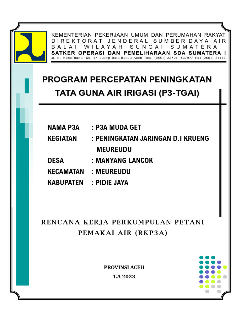 Rencana Kerja P3A Pidie Jaya | PDF