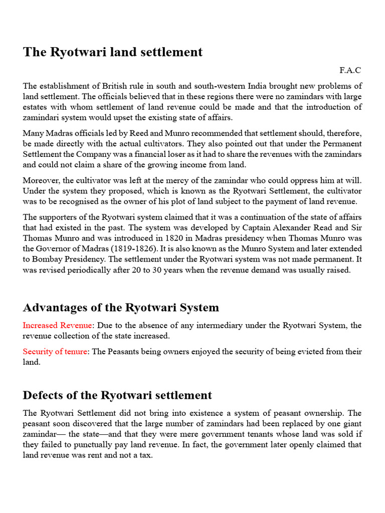 The Ryotwari Land Settlement | PDF | Payments | Government Finances