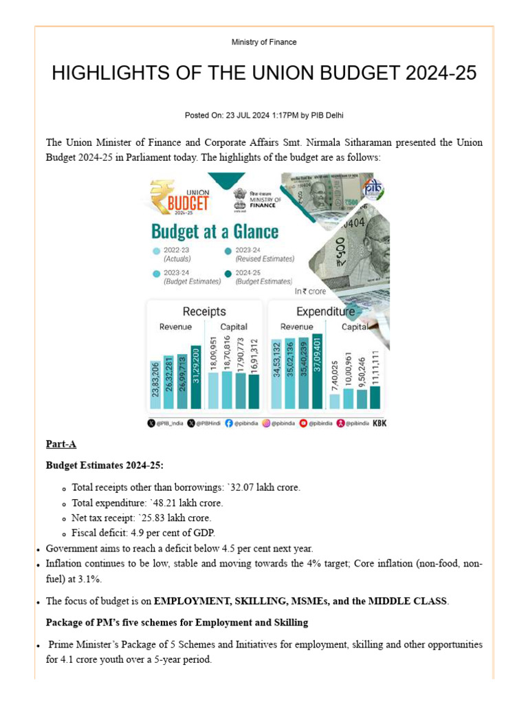 Key Highlights of The Union Budget 2024-25 | PDF | Taxes | Employment