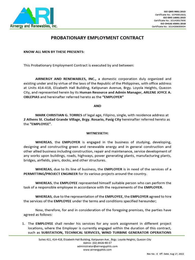 Employment Contract - Mark Christian G. Torres | PDF | Employment ...