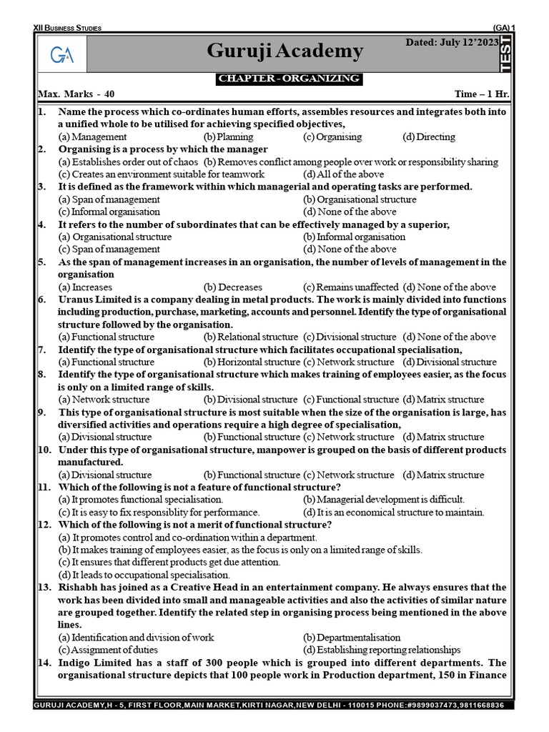 Organizing - Test | PDF | Organizational Structure | Business