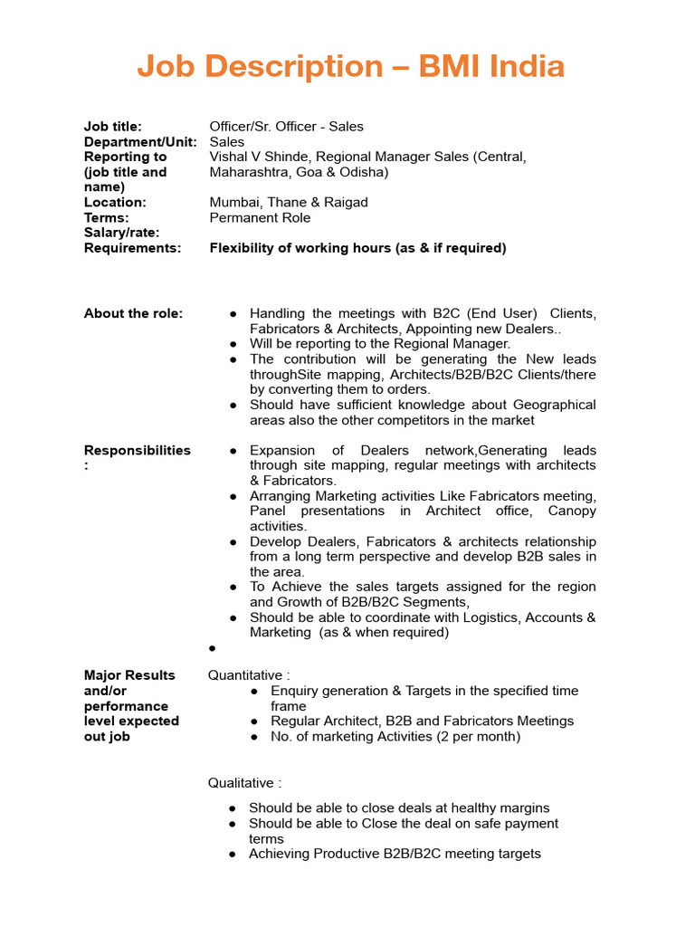 JD - Mumbai Sales | PDF | Marketing | Sales