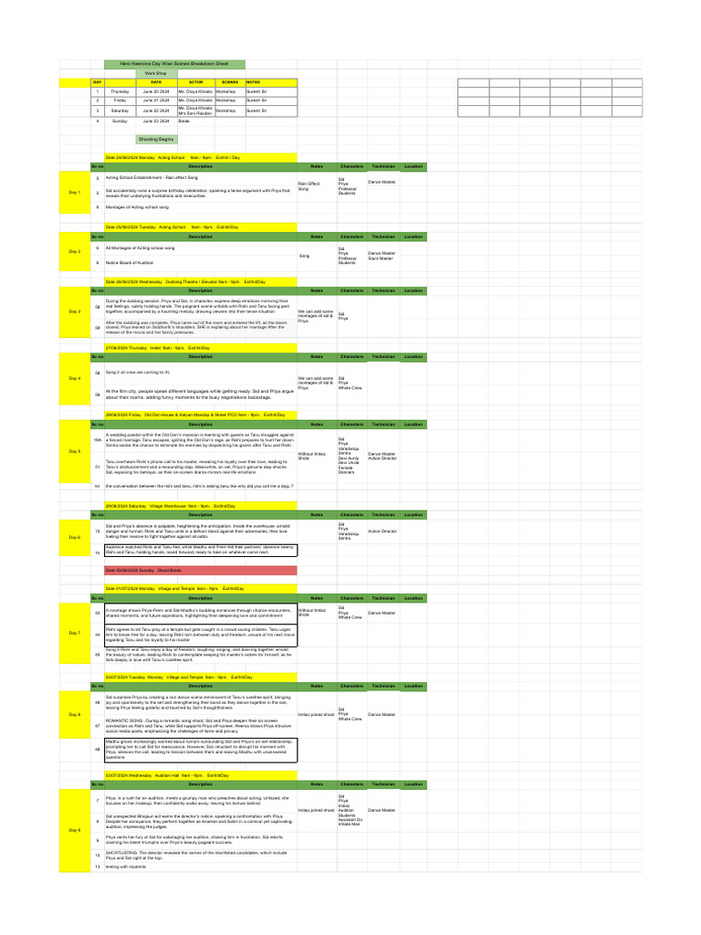 Hero Heeroine Breakdown Sheet - Day Wise Scenes Break Down | PDF