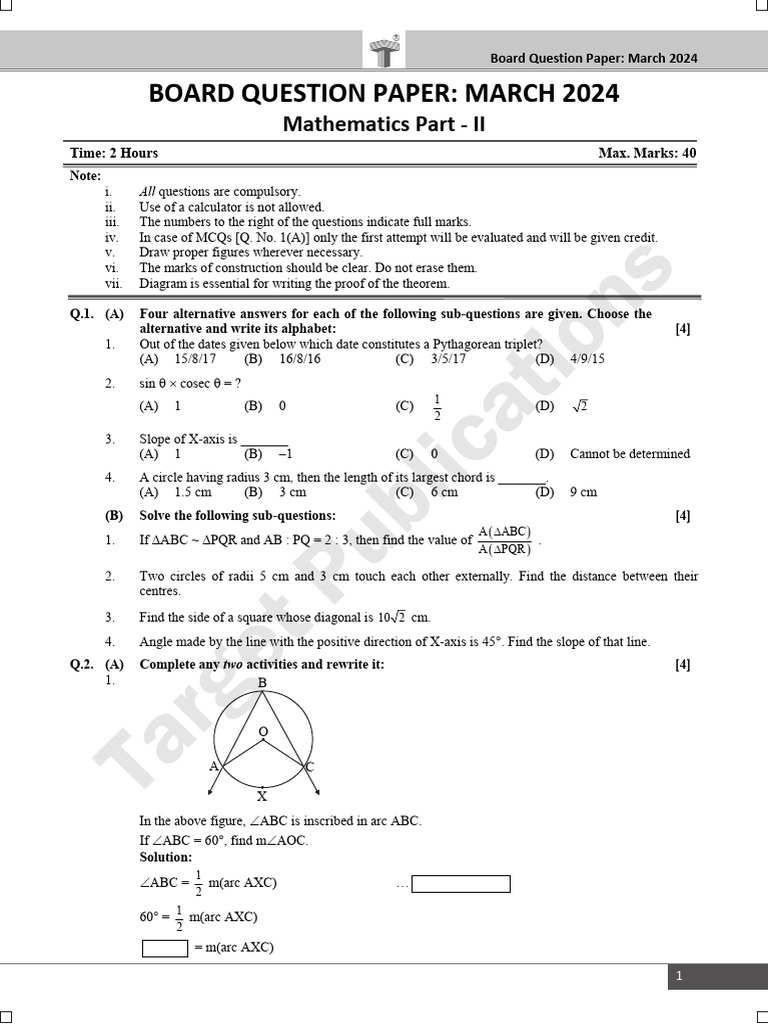 10 Board Question Paper Part II - Mar 2024 - 65f46707d3a6a | PDF | Area ...