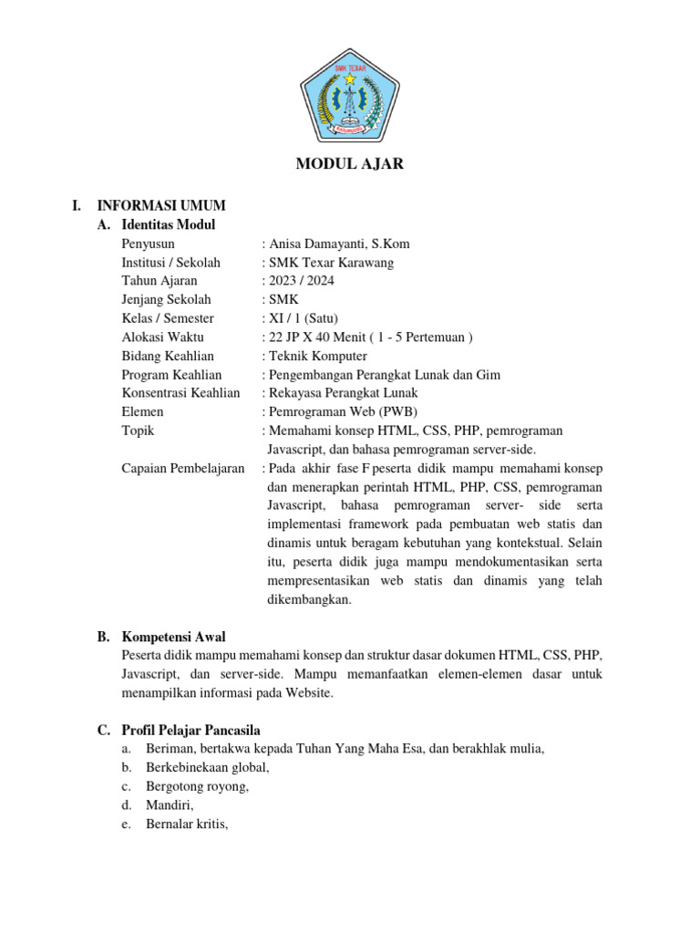 Modul Ajar Pemrograman Web - 1 | PDF | Karier & Perkembangan | Seni