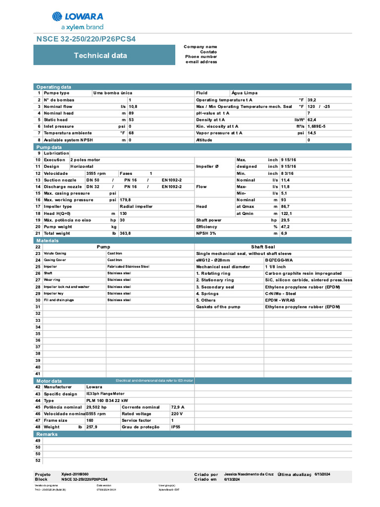 Technical Data: NSCE 32-250/220/P26PCS4 | PDF | Dynamics (Mechanics ...