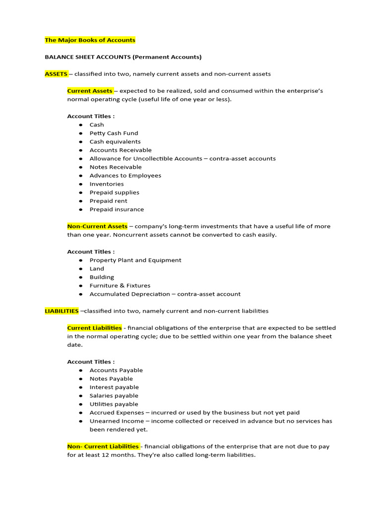 Overview of Major Accounting Accounts | PDF | Expense | Debits And Credits