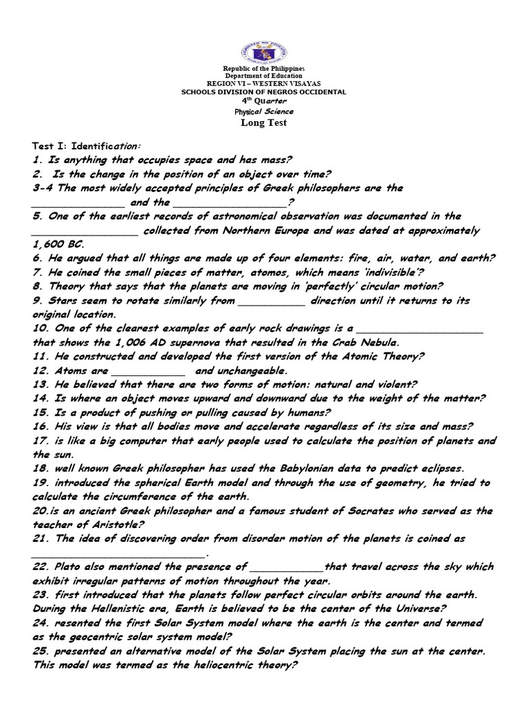 Physicl Science Long Test | PDF | Heliocentrism | Solar System