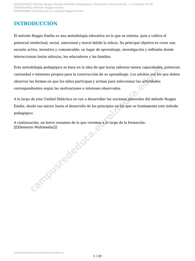 1 - Introducción Al Método Reggio Emilia | PDF | Pedagogía | Aprendizaje