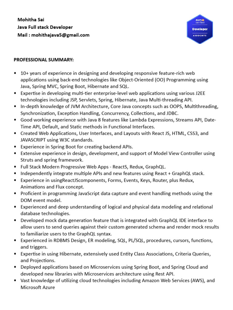 Mohitha Java Developer | Download Free PDF | Spring Framework | Java (Programming Language)