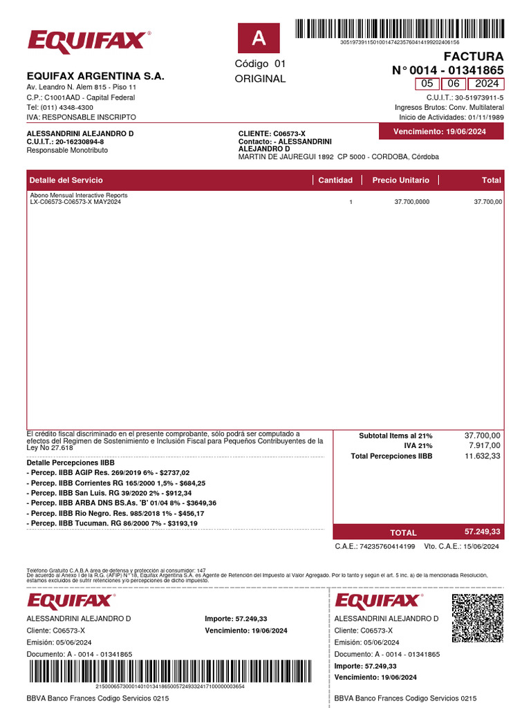 Equifax Argentina S.A.: Factura #0014 - 01341865 | PDF | Gobierno ...