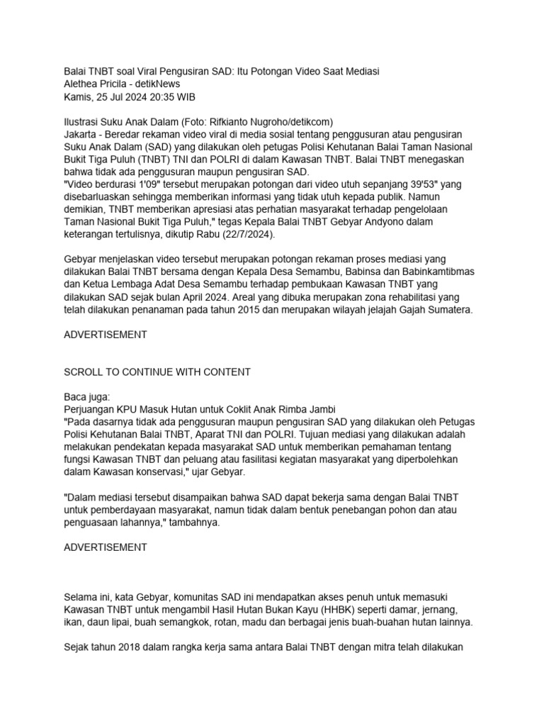 Balai TNBT Soal Viral Pengusiran SAD | PDF
