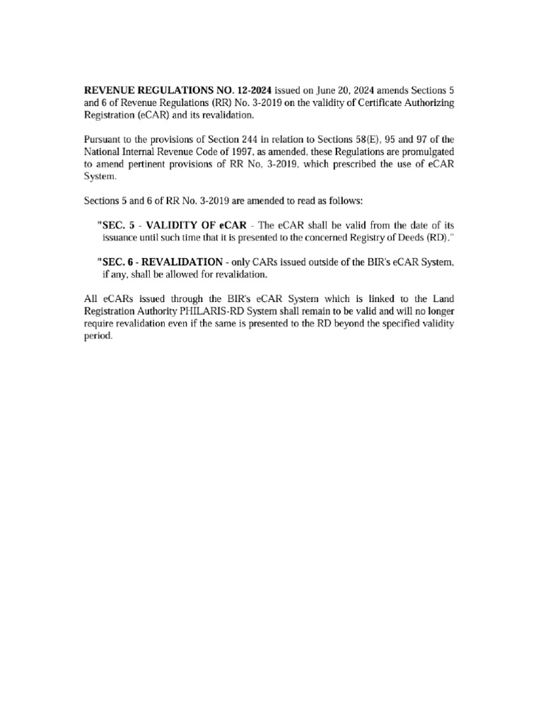 RR 12-2024 Validity of Certificate Authorizing Registration and Its Revalidation | PDF