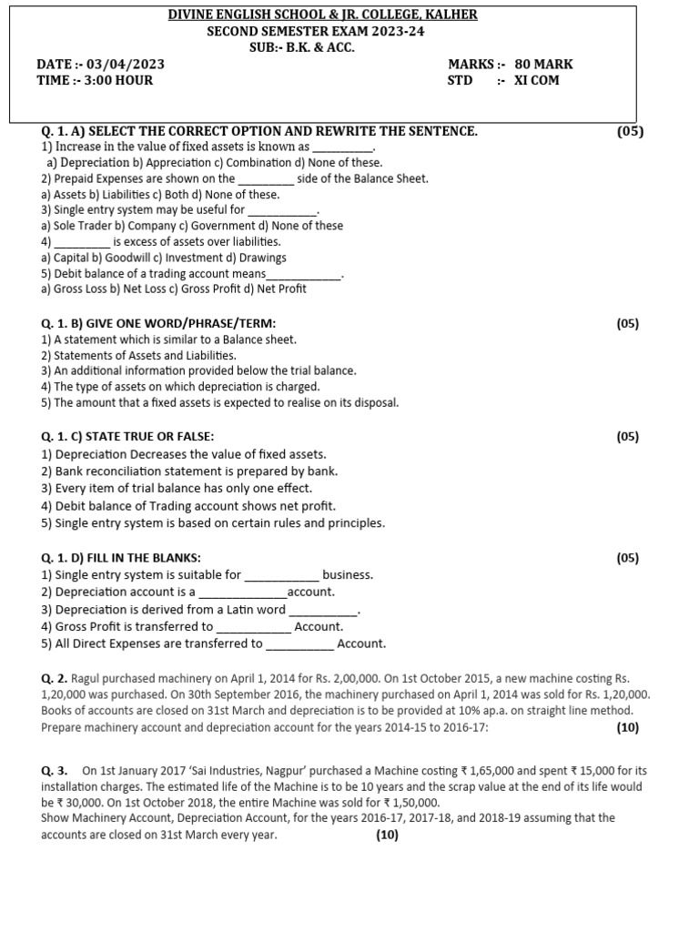 BK Question Paper set 2 | PDF | Debits And Credits | Depreciation