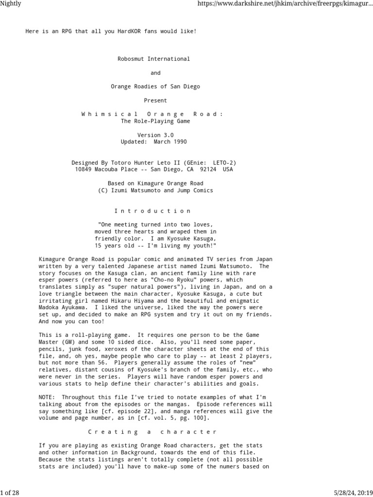 Whimsical Orange Road RPG Guide | PDF | Role Playing Games
