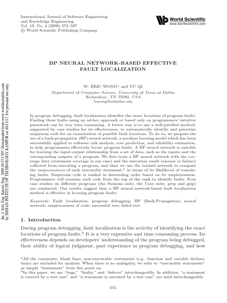 August 5, 2009 13:42 WSPC/117-IJSEKE - SPI-J111 00426: BP Neural Network-Based Effective Fault ...