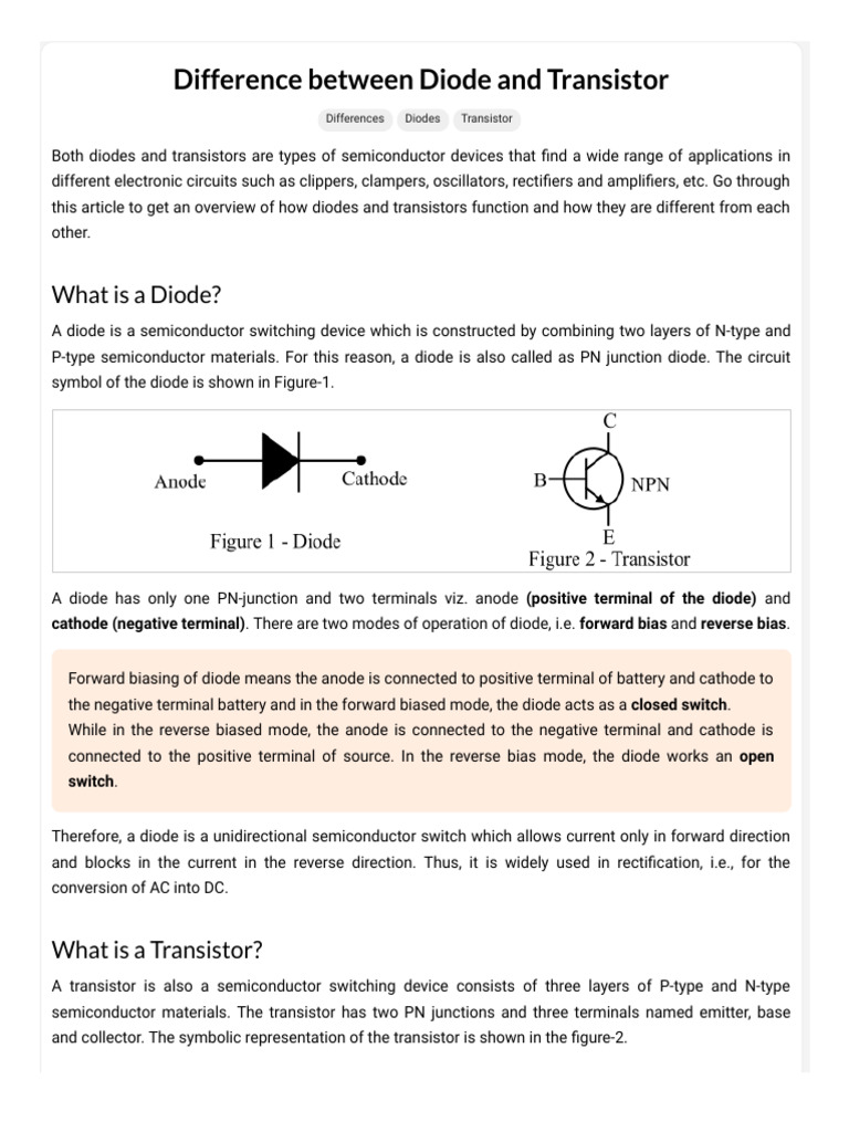 Difference Between Diode and Transistor | PDF | P–N Junction | Transistor Difference Between Diode and Transistor | PDF | P–N Junction | Transistor