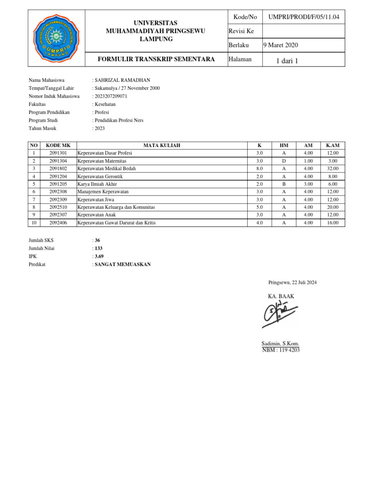 Transkrip Sementara Keperawatan 2024 | PDF